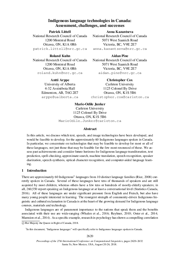 (PDF) Indigenous language technologies in Canada: Assessment ...