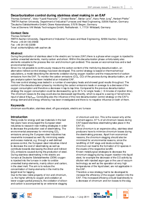 (PDF) Decarburization control during stainless steel making in an EAF