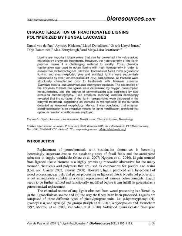 (PDF) Characterization of fractionated lignins polymerized by fungal laccases | Alan Fernyhough ...