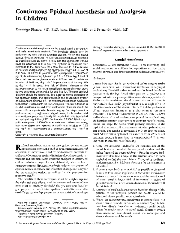 (PDF) Continuous epidural anesthesia and analgesia in children