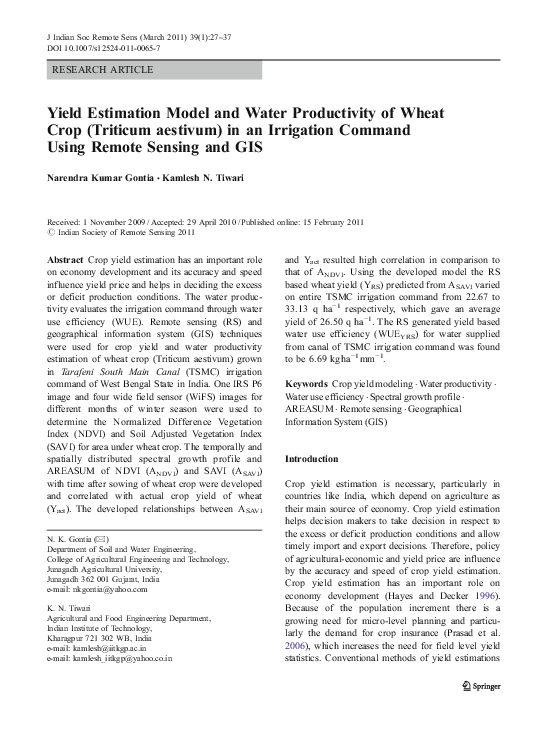 (PDF) Yield Estimation Model and Water Productivity of Wheat Crop (Triticum aestivum) in an ...