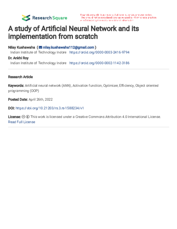 (PDF) A study of Artificial Neural Network and its implementation from scratch
