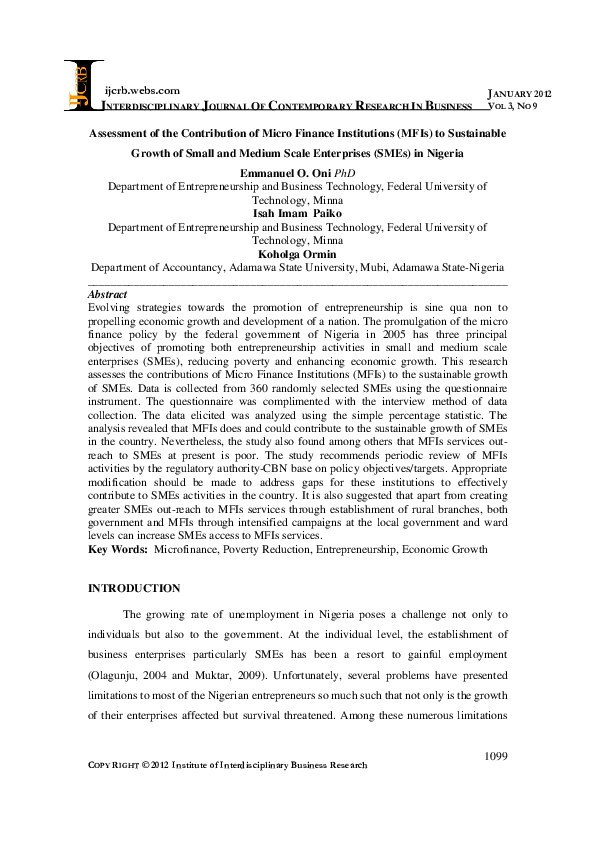 (PDF) Assessment of the Contribution of Micro Finance Institutions (MFIs) to Sustainable Growth ...