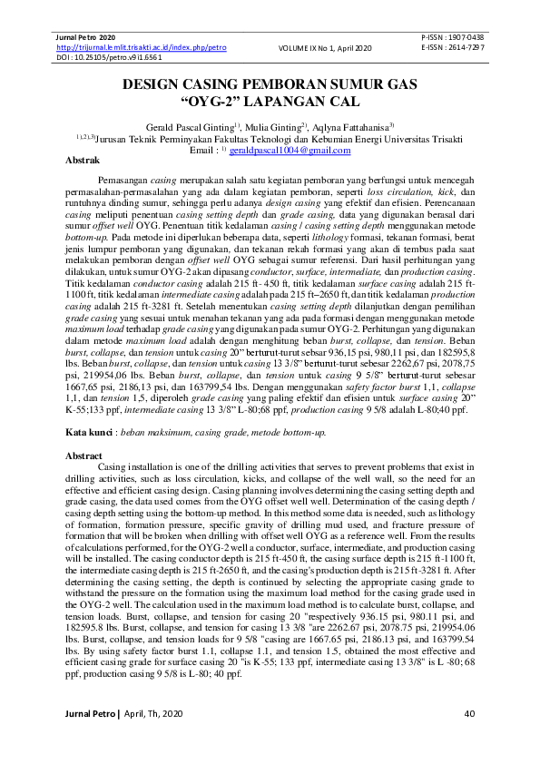 (PDF) Design Casing Pemboran Sumur Gas “OYG-2” Lapangan Cal