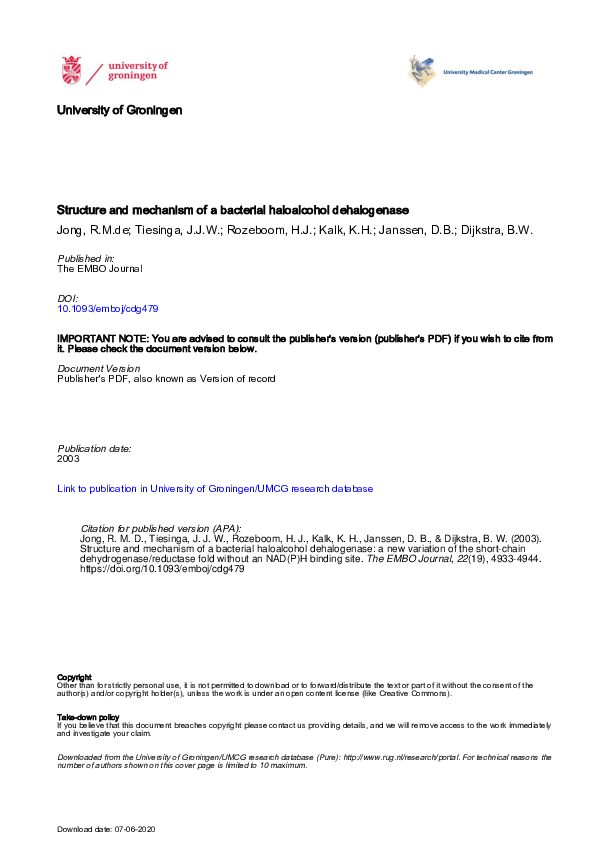 (PDF) University of Groningen Structure and mechanism of a bacterial ...