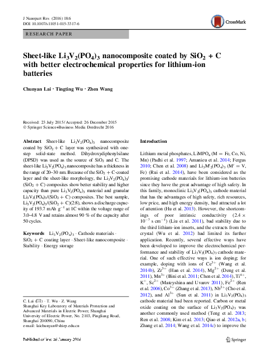 (PDF) Sheet-like Li3V2(PO4)3 nanocomposite coated by SiO2 + C with better electrochemical ...