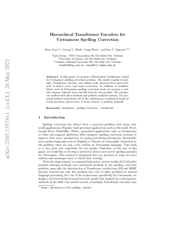 Pdf Hierarchical Transformer Encoders For Vietnamese Spelling Correction
