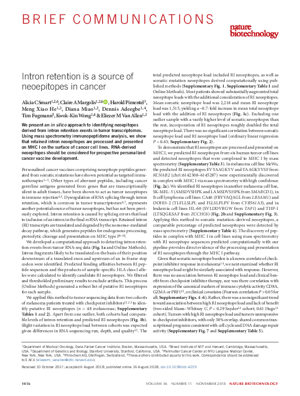 (PDF) Intron retention is a source of neoepitopes in cancer