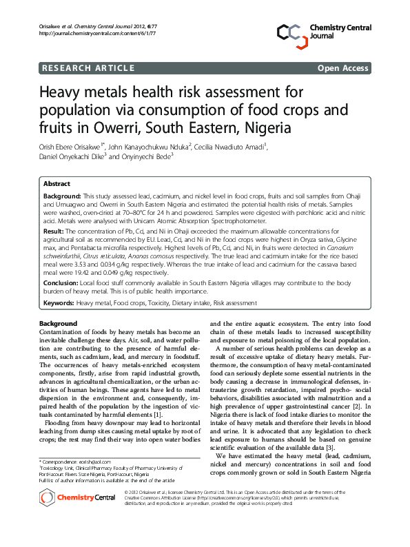 (PDF) Heavy metals health risk assessment for population via ...