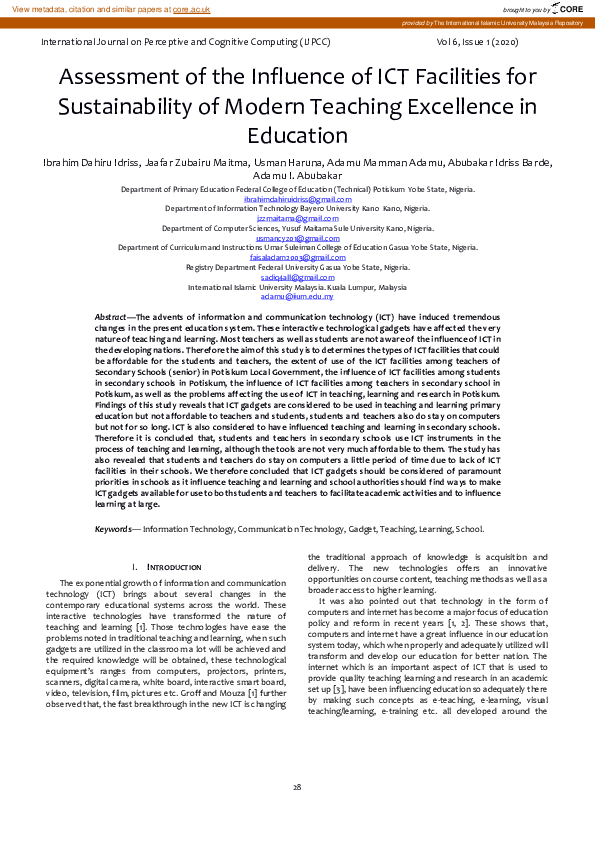 (PDF) Impact of ICT Facilities on Teaching Sustainability in Potiskum