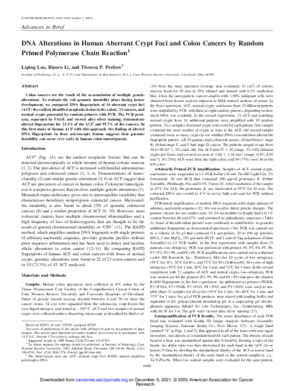 (PDF) DNA alterations in human aberrant crypt foci and colon cancers by ...