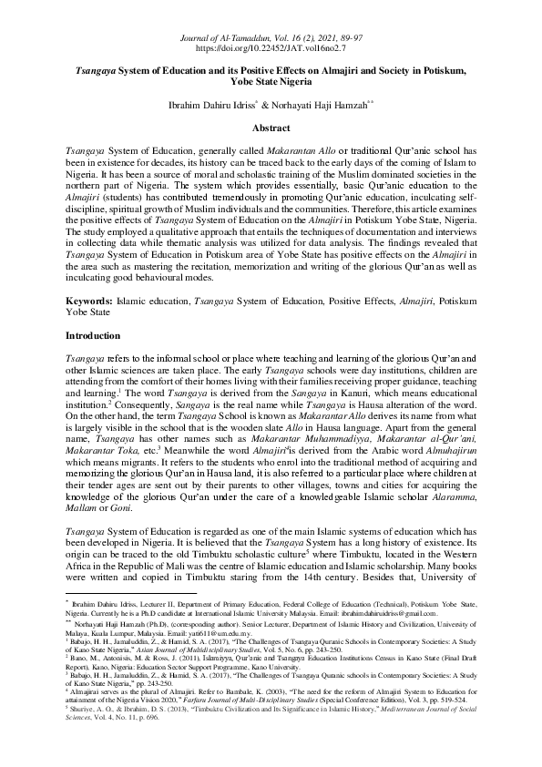 (PDF) Tsangaya System of Education and its Positive Effects on Almajiri ...