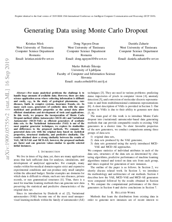 (PDF) Generating Data using Monte Carlo Dropout