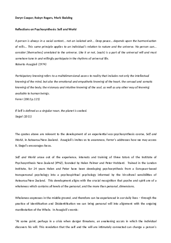 (PDF) Reflections on Psychosynthesis: Self and World