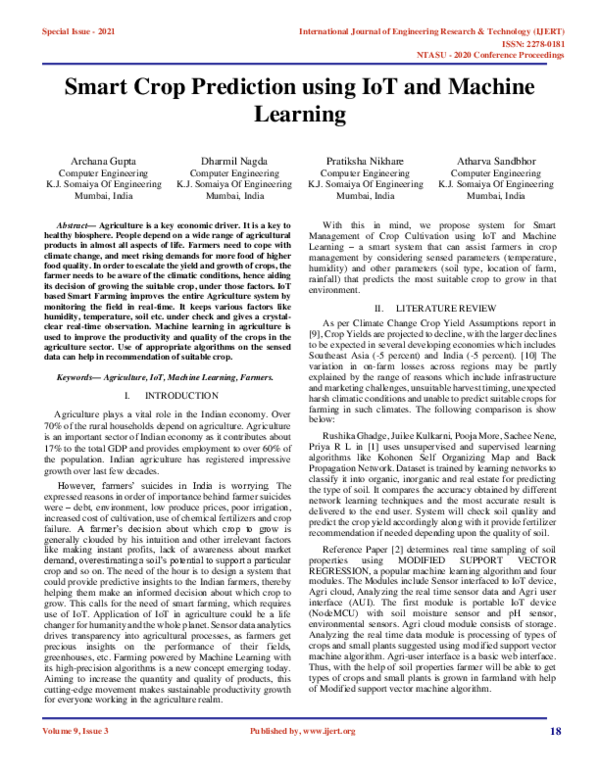 Pdf Smart Crop Prediction Using Iot And Machine Learning