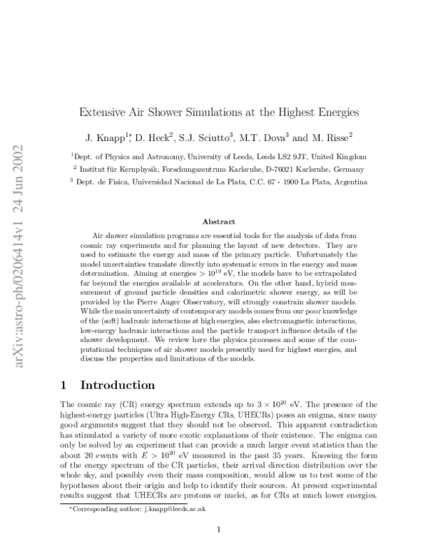 (PDF) Extensive air shower simulations at the highest energies, Astropart