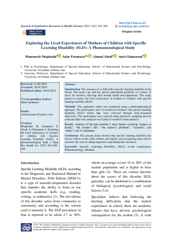 (PDF) Exploring the Lived Experiences of Mothers of Children with Specific Learning Disability ...
