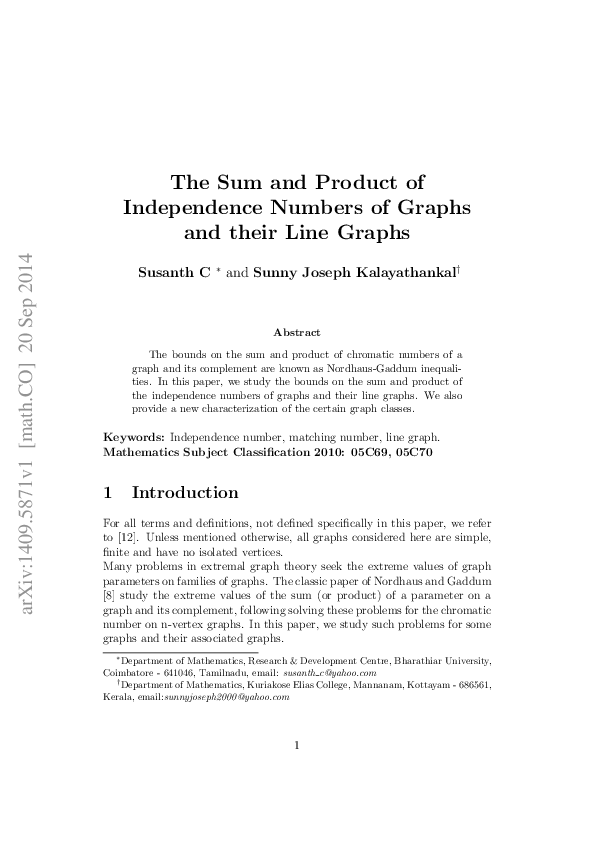 Pdf The Sum And Product Of Independence Numbers Of Graphs And Their Line Graphs