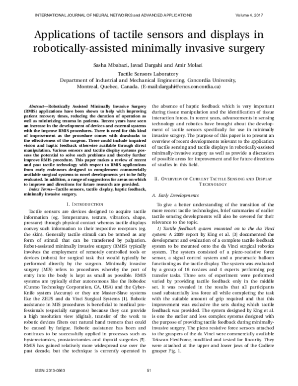 Applications Of Tactile Sensors And Displays In Robotically Assisted Minimally Invasive Surgery