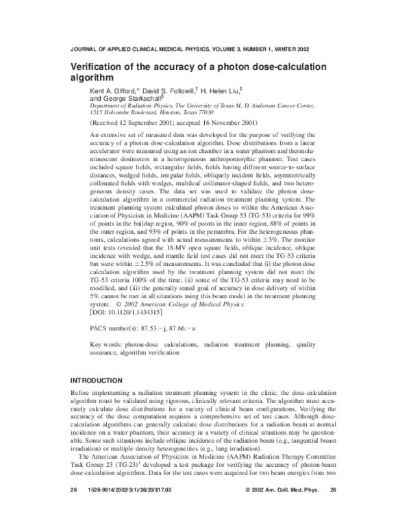 Pdf Verification Of The Accuracy Of A Photon Dose Calculation Algorithm