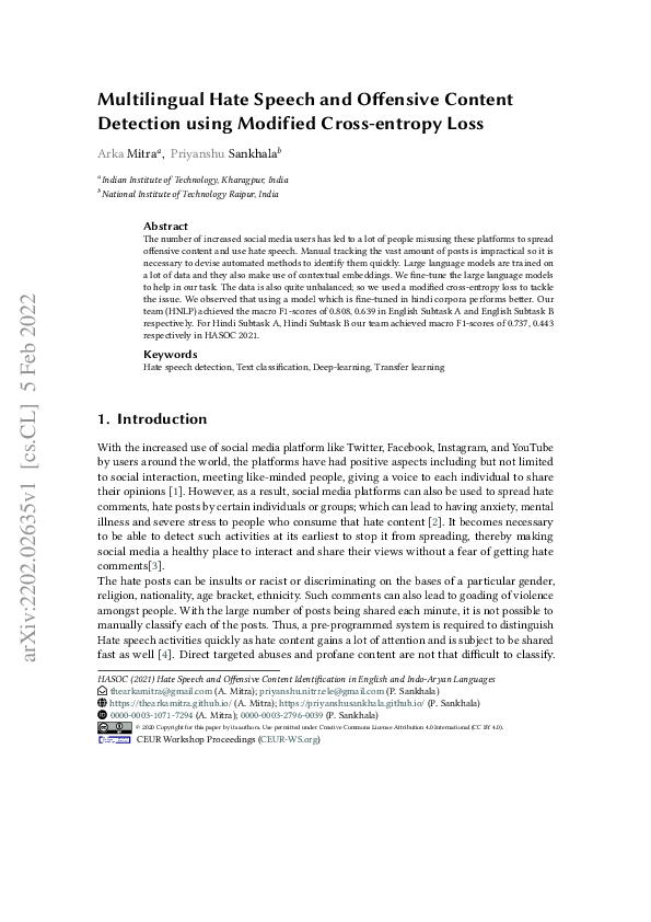 Pdf Multilingual Hate Speech And Offensive Content Detection Using Modified Cross Entropy Loss