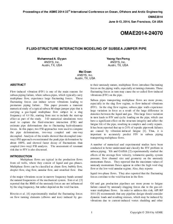 Pdf Fluid Structure Interaction Modeling Of A Subsea Jumper Pipe