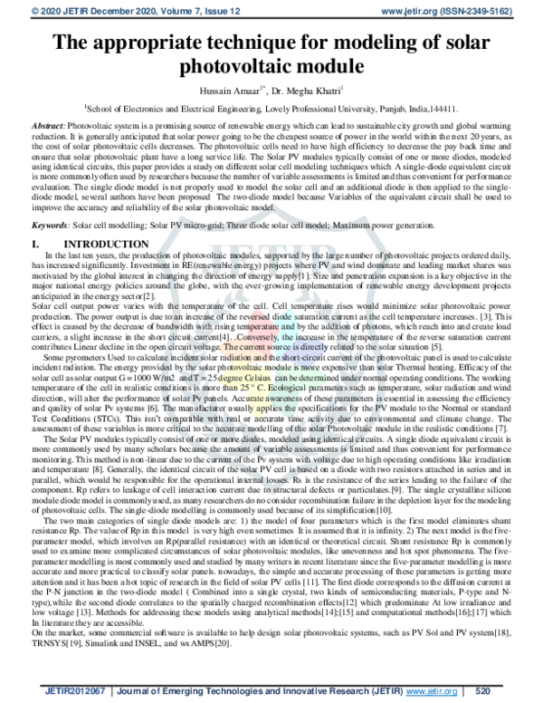 The appropriate technique for modeling of solar photovoltaic module