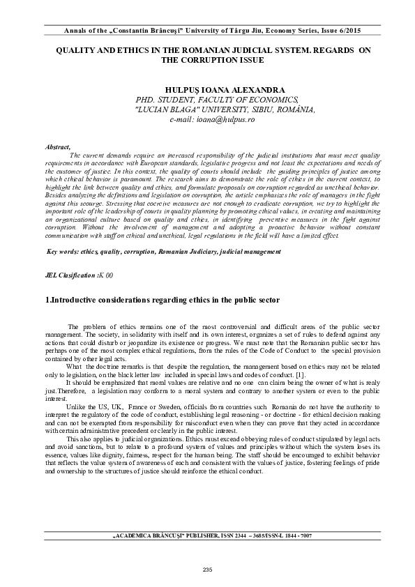 (PDF) Quality And Ethics In The Romanian Judicial System. Regards On ...