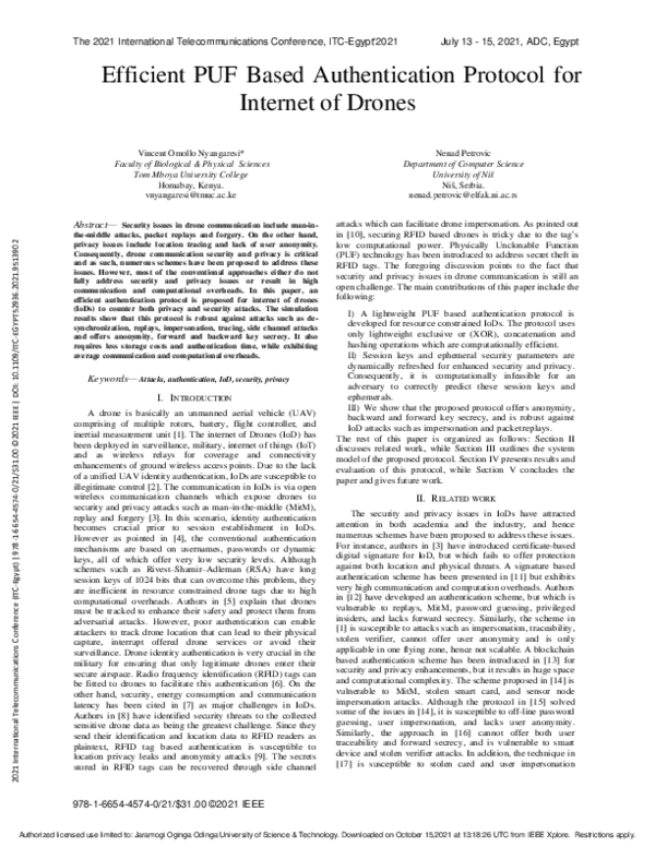 (PDF) Efficient PUF Based Authentication Protocol for Internet of Drones