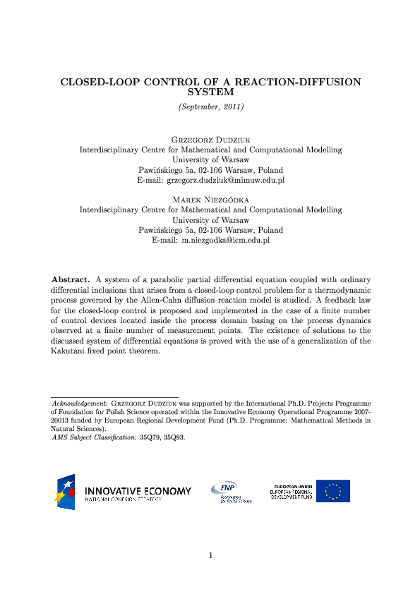 (PDF) Closed-loop control of a reaction-diffusion system