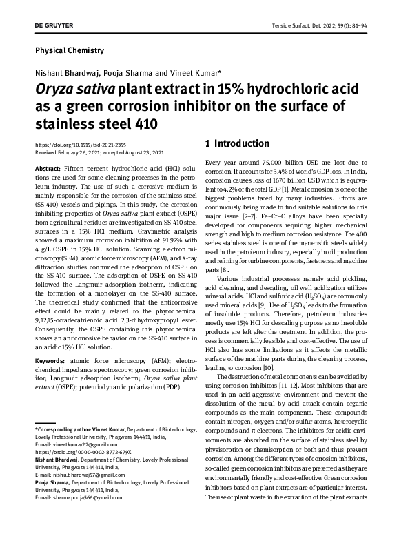 (PDF) Oryza sativa plant extract in 15% hydrochloric acid as a green ...