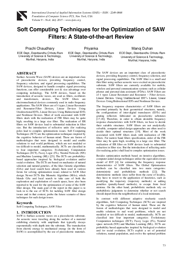 (PDF) Soft Computing Techniques for the Optimization of SAW Filters: A ...