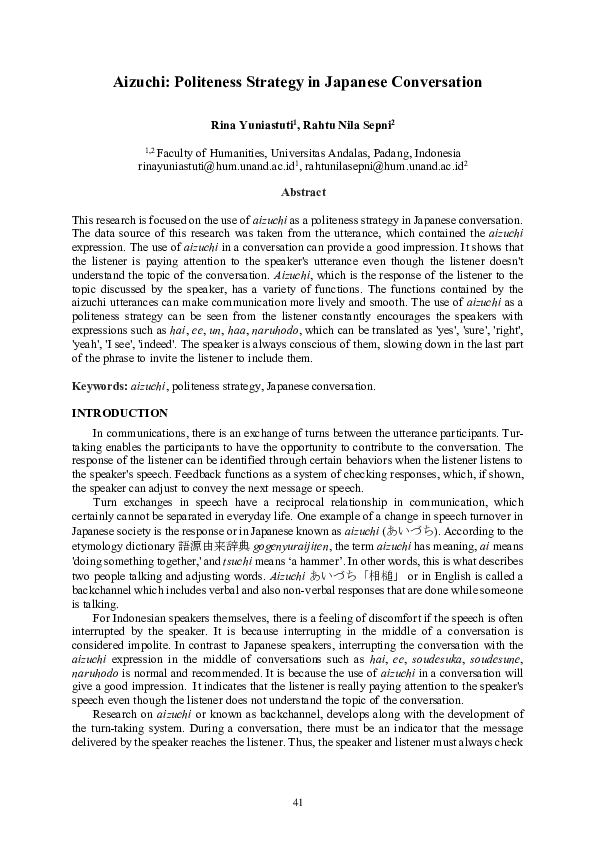 (PDF) Aizuchi: Politeness Strategy in Japanese Conversation