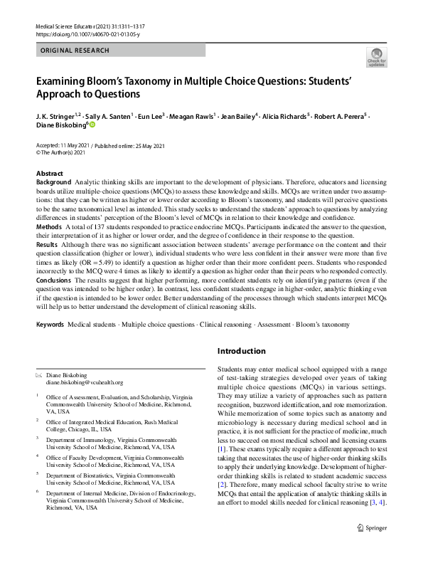 (PDF) Examining Bloom’s Taxonomy in Multiple Choice Questions: Students ...