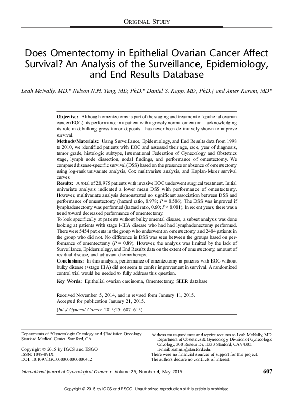 (PDF) Does Omentectomy in Epithelial Ovarian Cancer Affect Survival? An ...