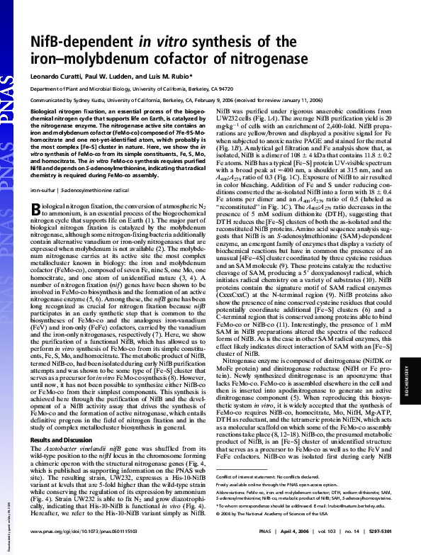 (PDF) In Vitro Synthesis of Iron-Molybdenum Cofactor by NifB