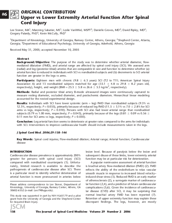 (PDF) Upper vs Lower Extremity Arterial Function After Spinal Cord Injury