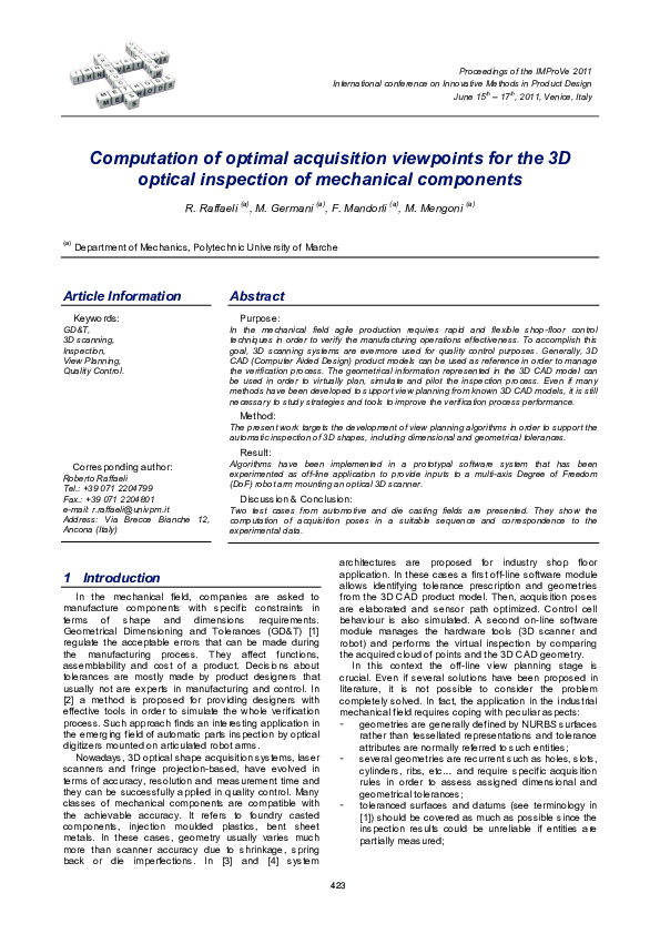 (PDF) Computation of optimal acquisition viewpoints for the 3D optical ...