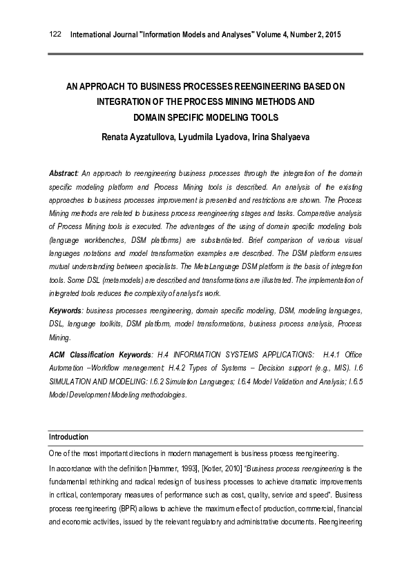 (PDF) An Approach to Business Processes Reengineering Based on Integration of the Process Mining ...