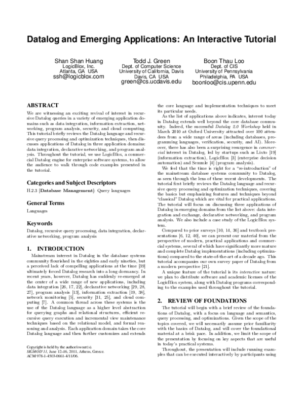 (PDF) Datalog and emerging applications