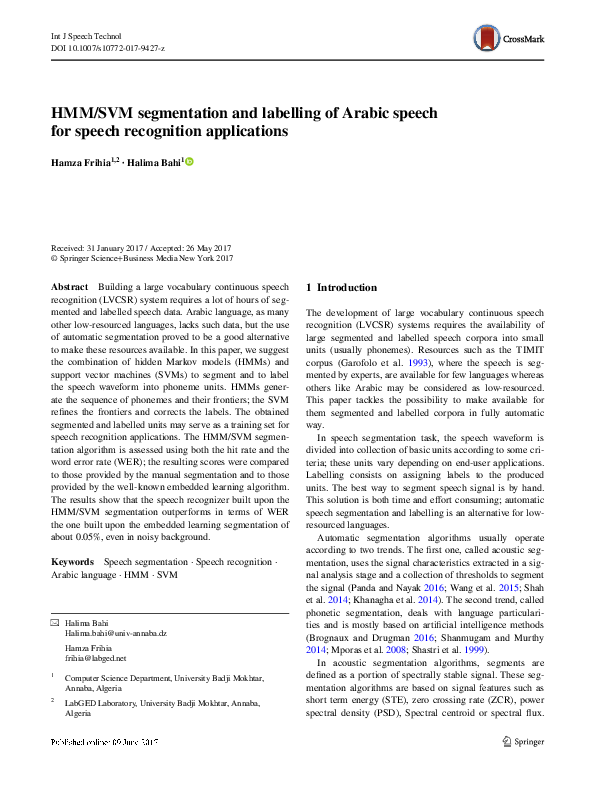 Pdf Hmm Svm Segmentation And Labelling Of Arabic Speech For Speech Recognition Applications