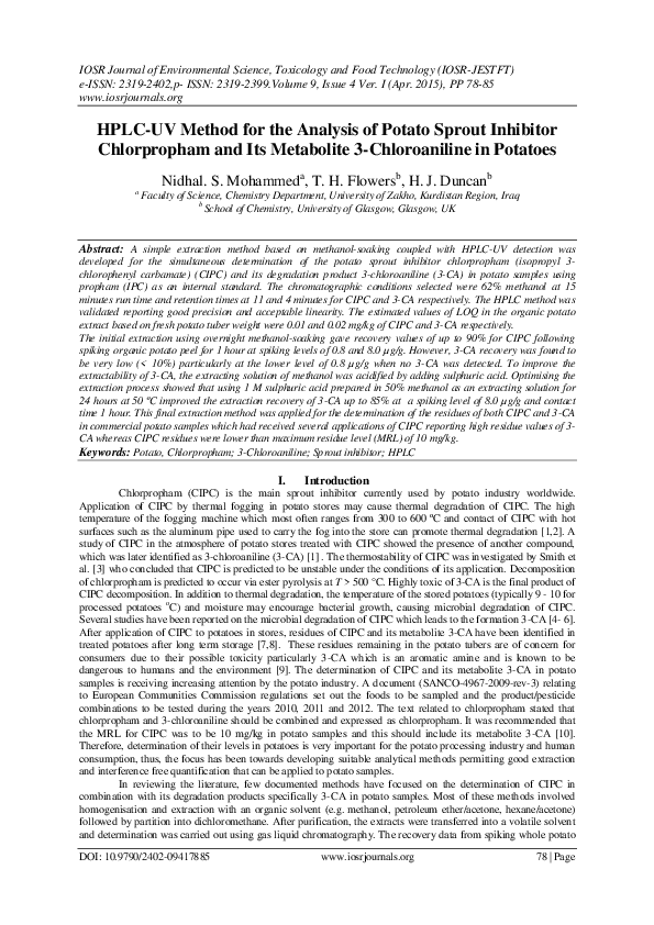 (PDF) HPLC-UV Method for the Analysis of Potato Sprout Inhibitor Chlorpropham and Its Metabolite ...