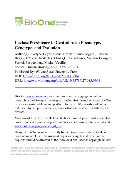 (PDF) Lactase Persistence in Central Asia: Phenotype, Genotype, and ...