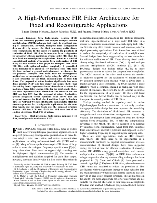 Pdf A High Performance Fir Filter Architecture For Fixed And Reconfigurable Applications