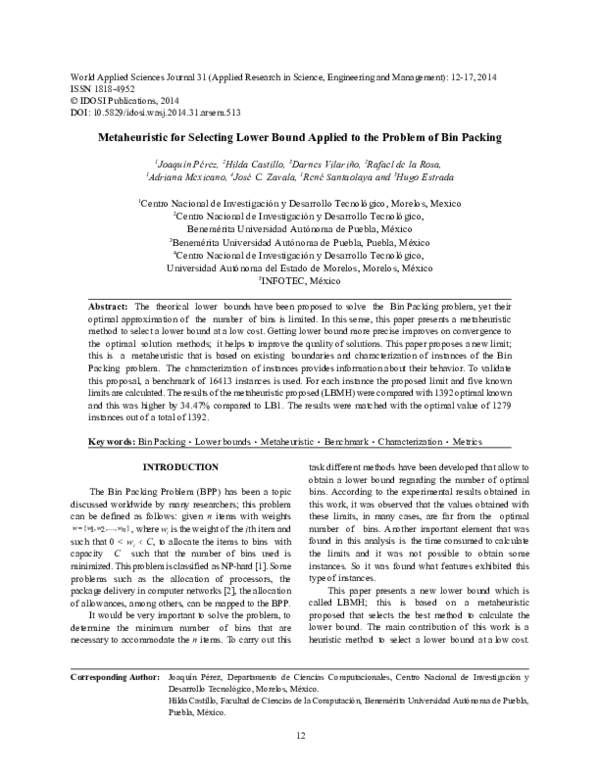 (PDF) Metaheuristic for Selecting Lower Bound Applied to the Problem of Bin Packing