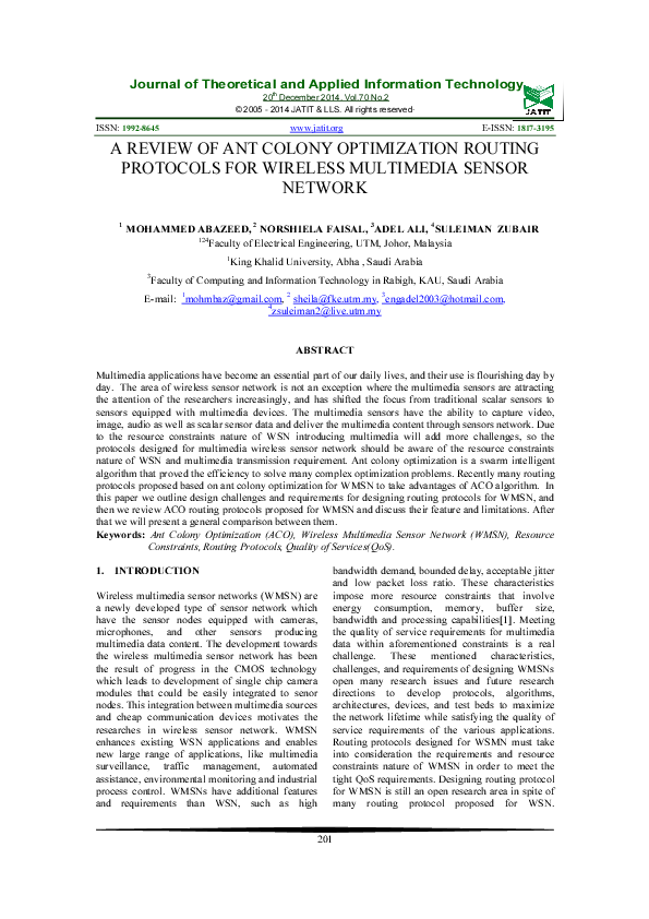 Pdf A Review Of Ant Colony Optimization Routing Protocols For Wireless Multimedia Sensor Network