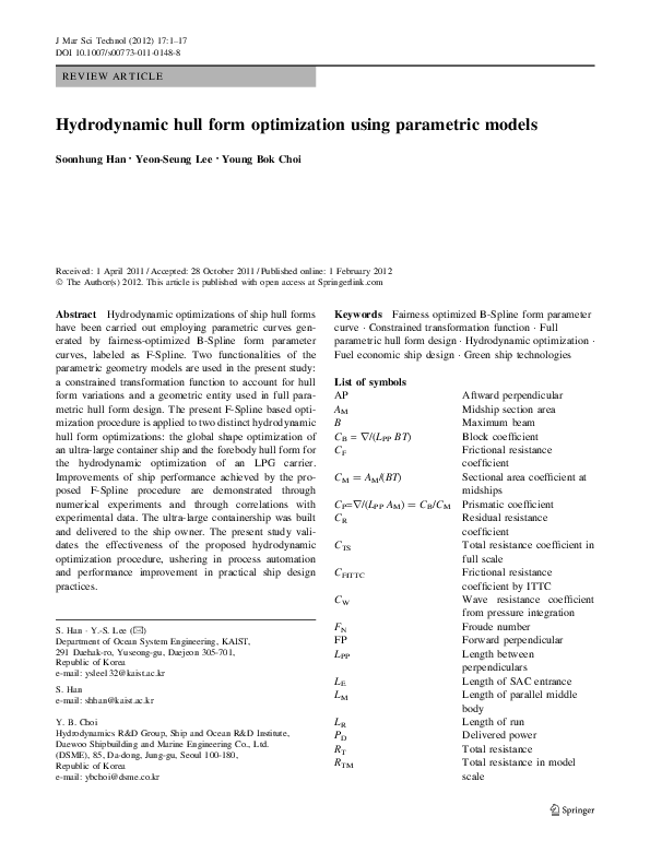 Pdf Hydrodynamic Hull Form Optimization Using Parametric Models