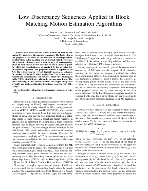 Pdf Low Discrepancy Sequences Applied In Block Matching Motion Estimation Algorithms Robson