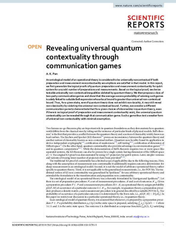 (PDF) Revealing universal quantum contextuality through communication games