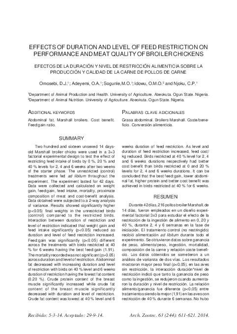 Pdf Effects Of Duration And Level Of Feed Restriction On Performance And Meat Quality Of